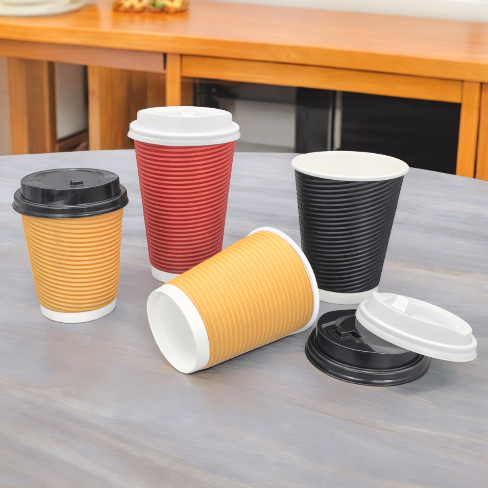 50pcs Rippled Coffee Paper Cup Horizontal Paper Cup with Flip Lid 8oz ...