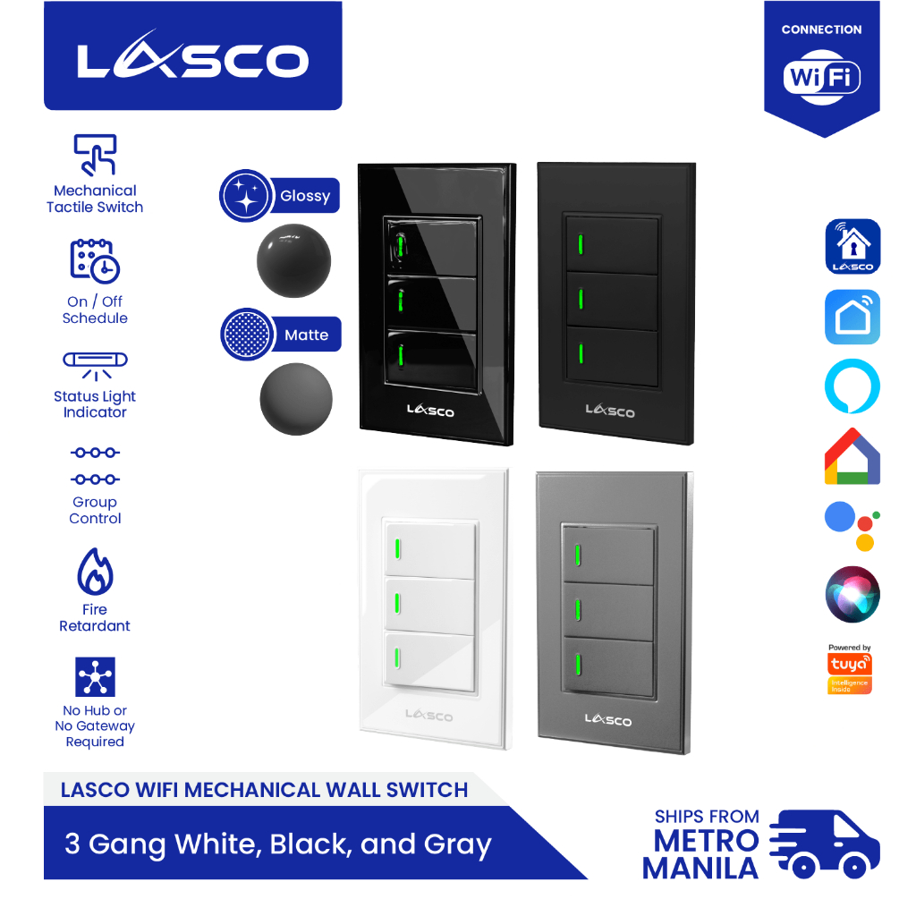 Lasco 3 Gang Wi-Fi Mechanical Wall Switch (White, Black, or Gray ...