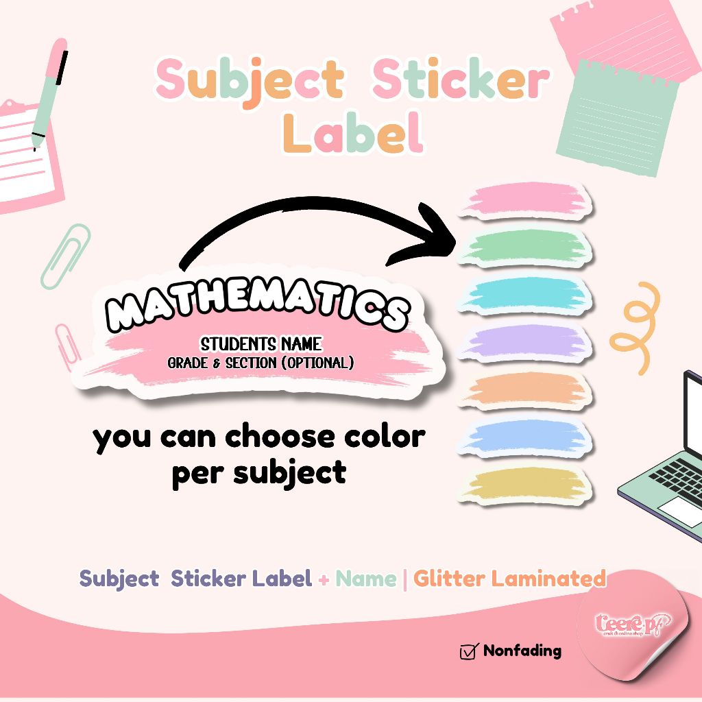 Custom Subject Sticker Labels with Name – Pastel, Glitter, Waterproof ...