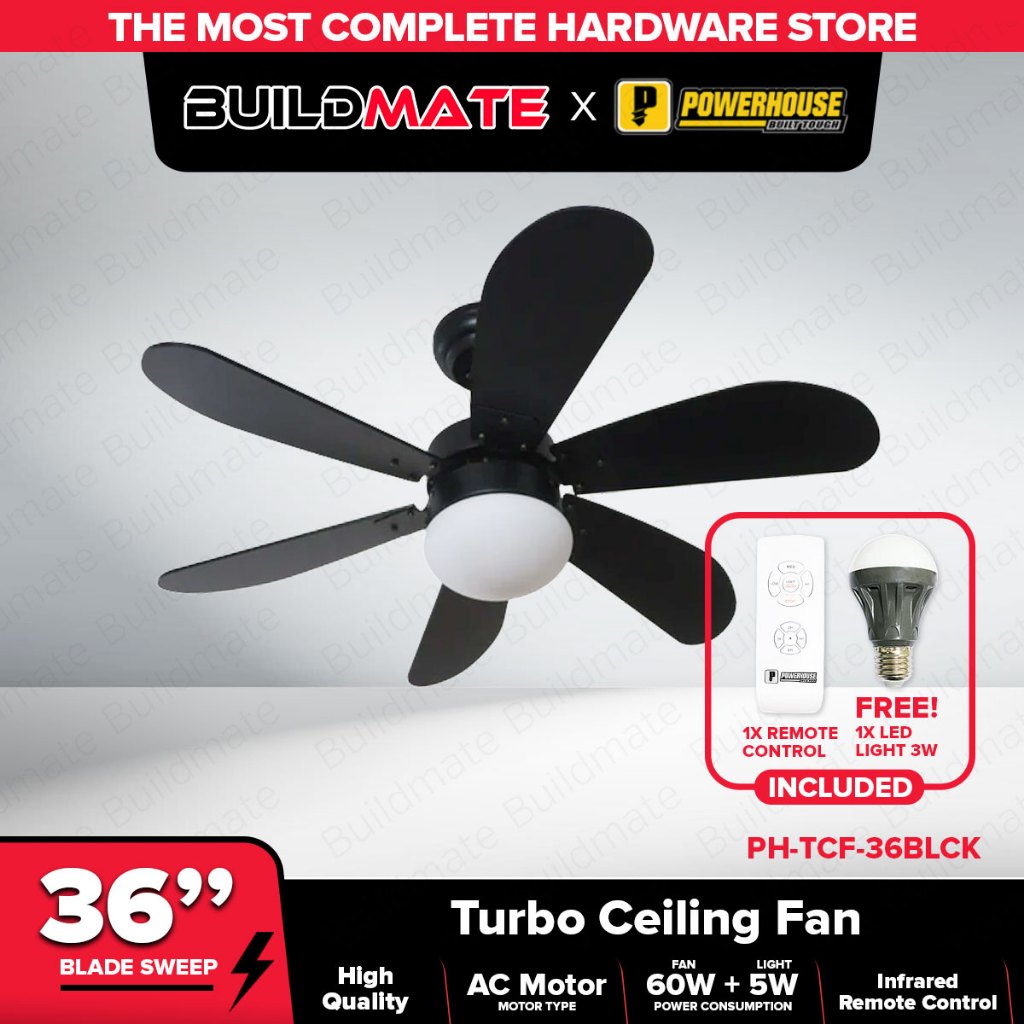 Buildmate x POWERHOUSE Turbo Ceiling Fan AC Motor 36in With Remote ...