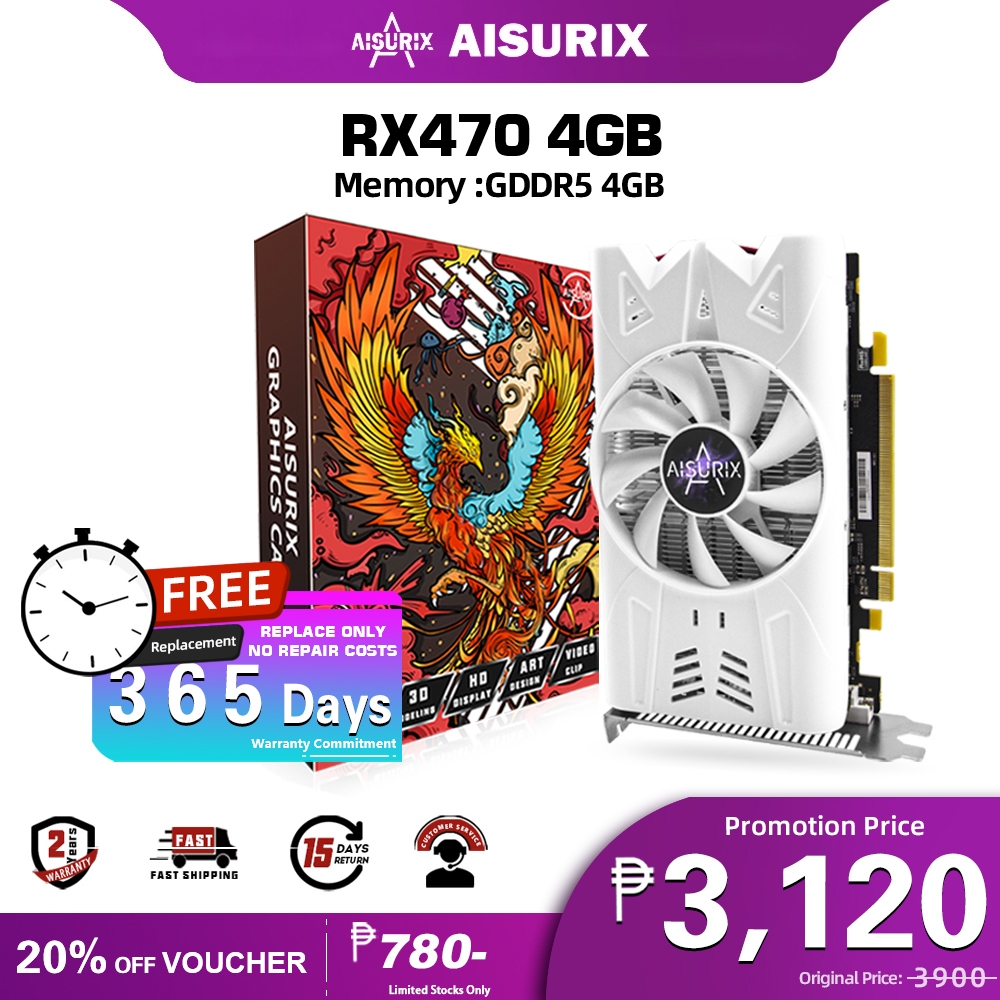 AISURIX NEW RX470 4GB Graphics Card Computer GDDR5 256Bit GPU AMD Video Card For Gaming Work ...