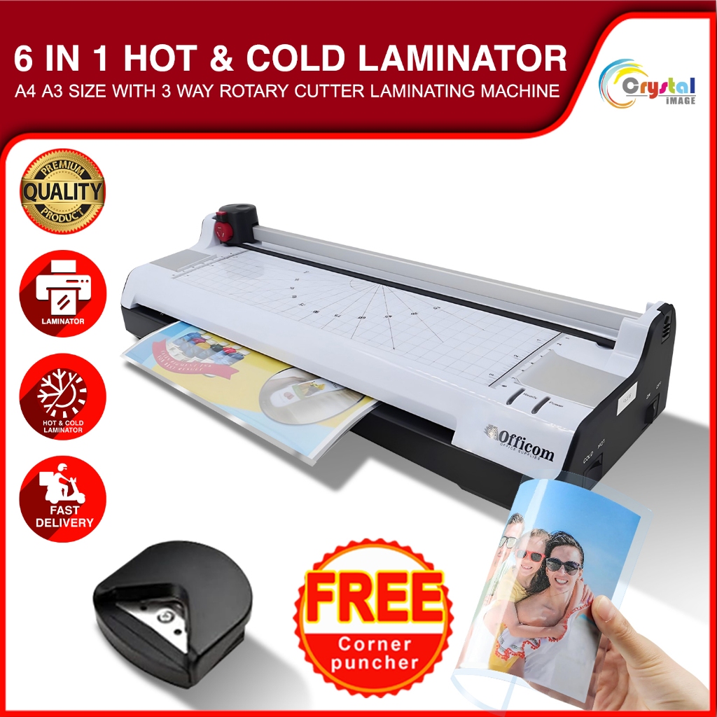 Officom 6-in-1 Hot & Cold Laminator A4 | A3 w/ 3 Way Rotary Cutter | ID ...