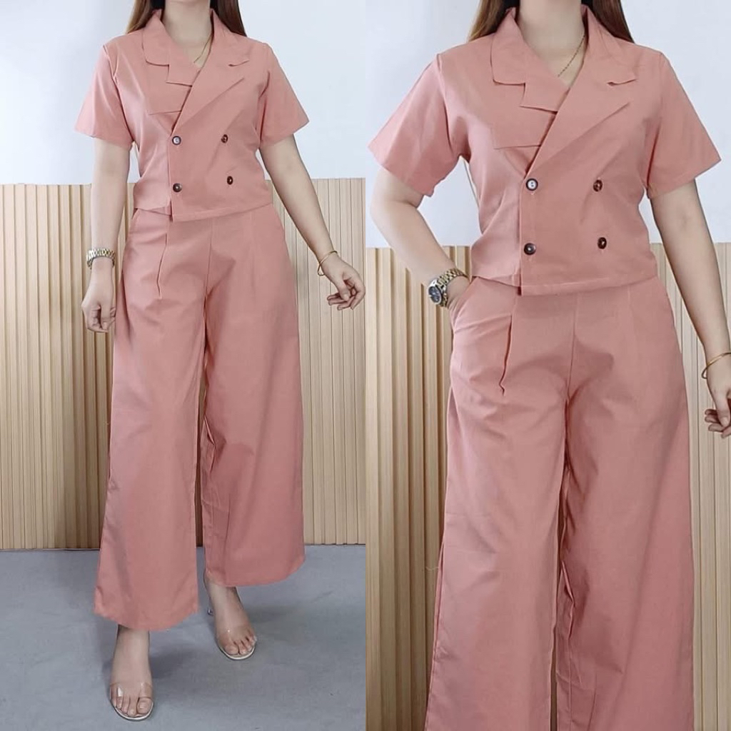 Maura Linen Coords Double Breasted Blouse & Wide Leg Pants Terno Casual ...
