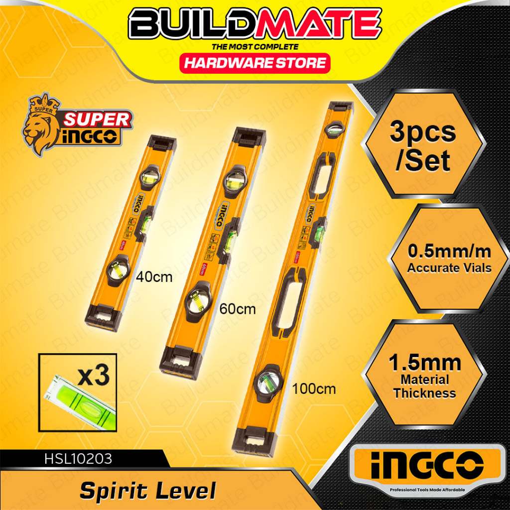 BUILDMATE Ingco 3PCS Spirit Level Set 40cm-100cm Bubble Leveling ...