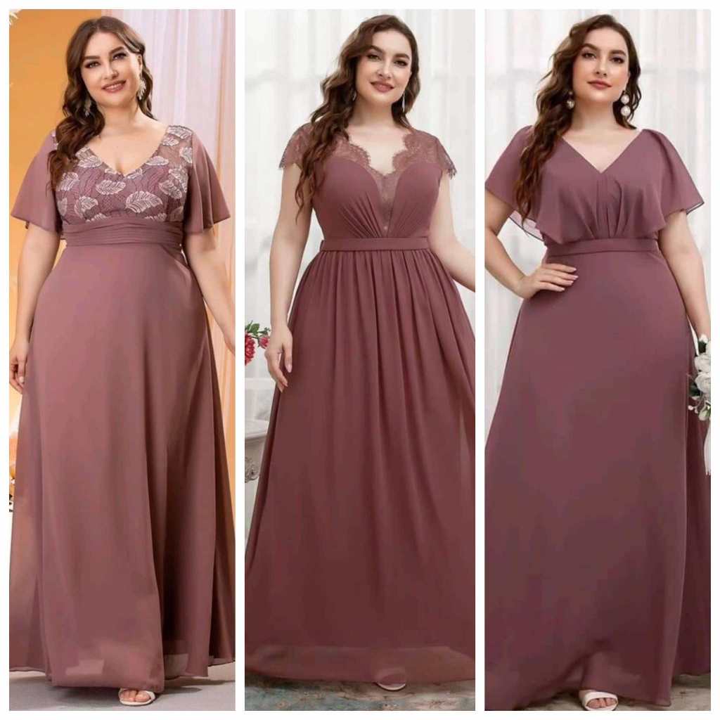 W.A elegant plus size lace shoulder vneck semi gown dress maxi dress ...