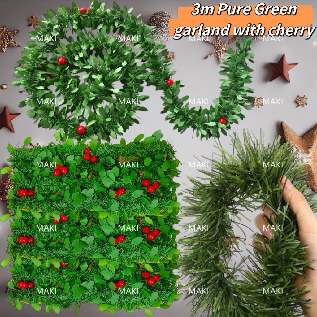 3m pure green garland for christmas xmas garland artificial cherry ...