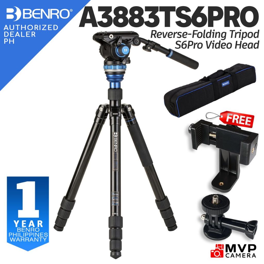 BENRO A3883TS6PRO Reverse Folding Travel Tripod with S6Pro Fluid Video ...