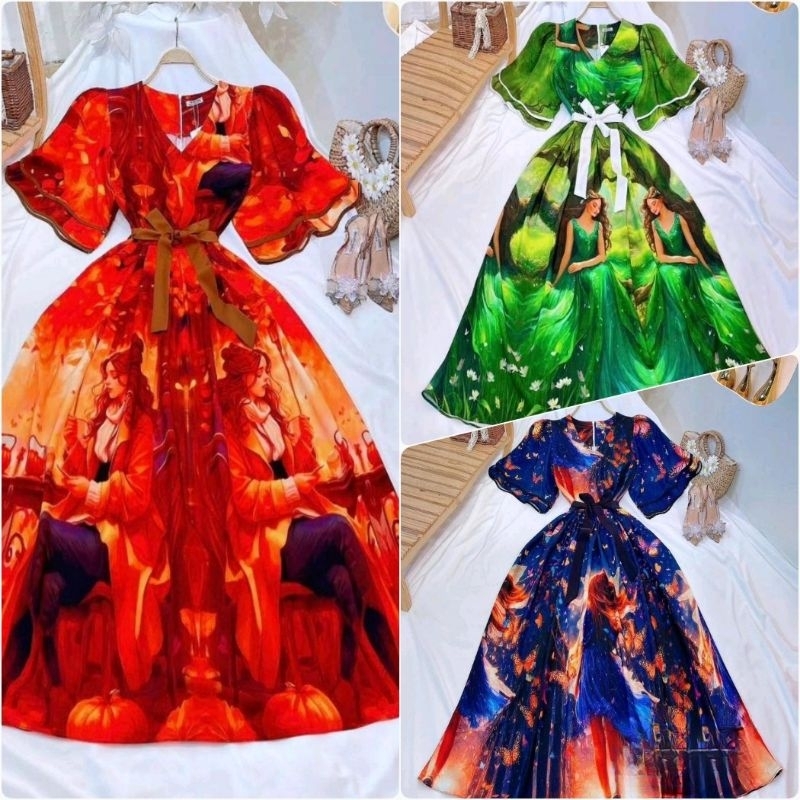 Elegant Puff Layered Sleeve with Ribbon Vietnam Padded Maxi Dress ...