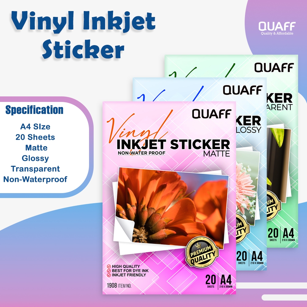 QUAFF Vinyl Inkjet Sticker A4 Size Glossy/Matte/Transparent (20sheets ...