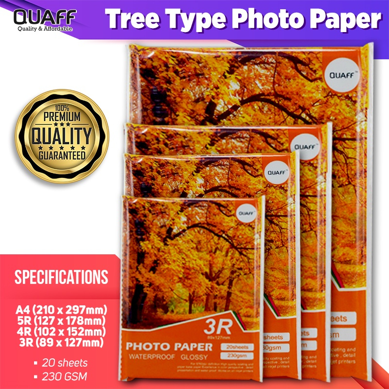 Quaff 230gsm Photo Paper A4 - 5R - 4R - 3R Size 20sheets Inkjet Glossy ...