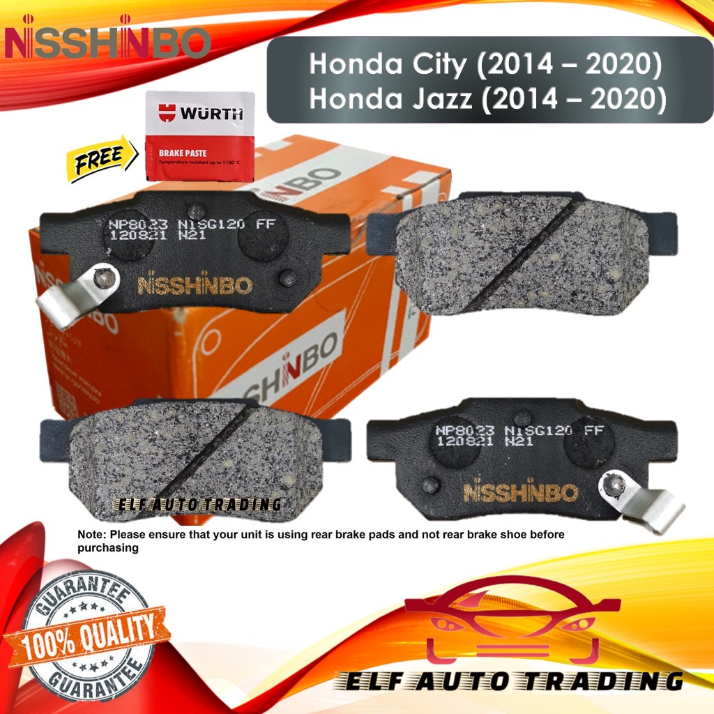 Genuine Nisshinbo Rear Brake Pads for Honda City (2014 - 2020), Honda ...