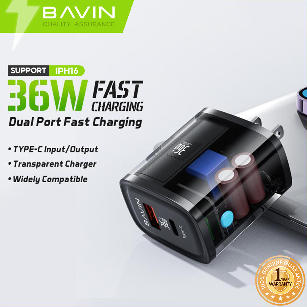 BAVIN PC869 36W Fast Charger w/ Dual USB & PD Port Supports for iPh 16 ...