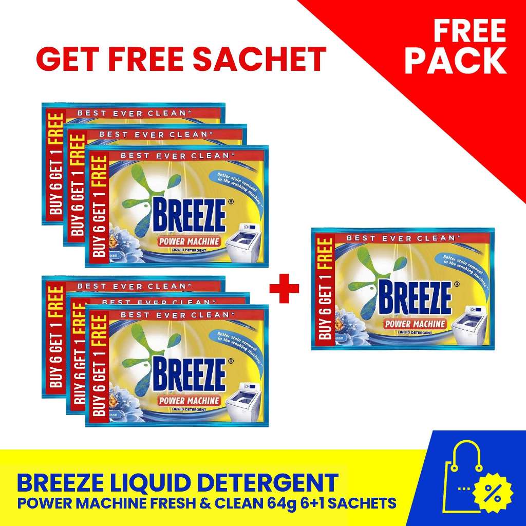BREEZE Liquid Detergent Power Machine Fresh & Clean 64g 6+1 sachets ...
