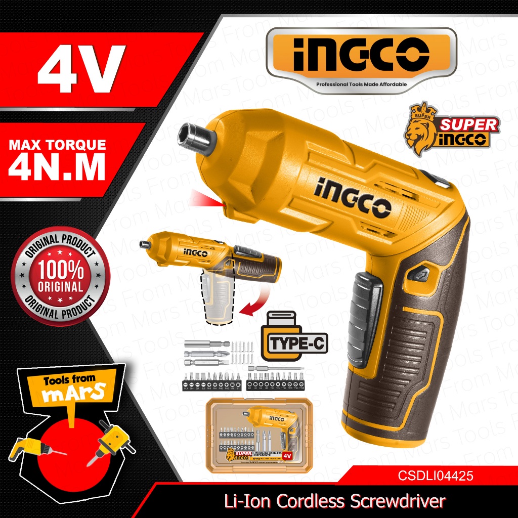 INGCO 4V Cordless Screwdriver Adjustable Handle Charging via USB type-C ...