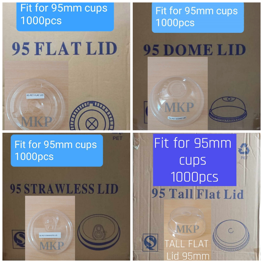 (1000pcs) PET (95mm) FLAT/DOME/STRAWLESS/TALL FLAT Lid 1 BOX Disposable ...