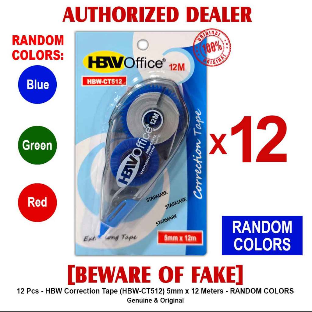 HBW Correction Tape Tapes 12 Meters RANDOM COLORS 5mm x 12M HBW-CT512 ...