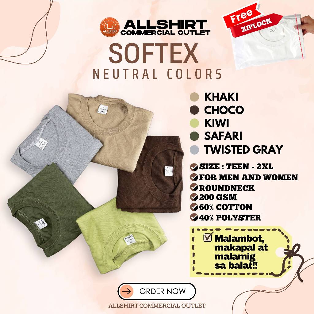 FREE ZIPLOCK! SOFTEX T-Shirt NEUTRAL Colors Round Neck Plain Shirt ...