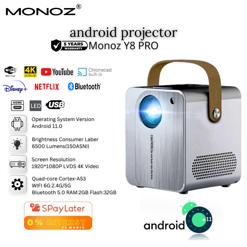 Projector Y8 Pro Portable Mini 4K UHD 6000 Projectors Android HDMI USB ...