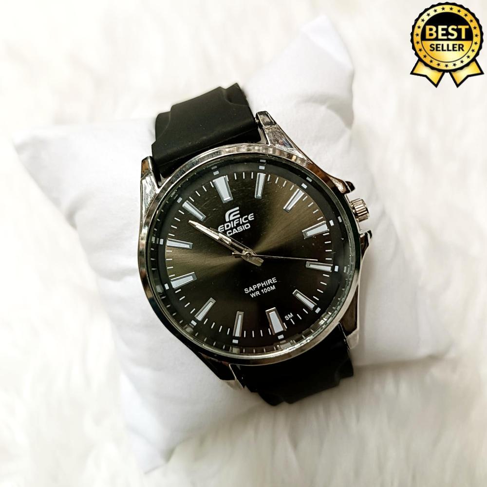 Casio Sapp Edifice WR100M All Black Rubber Band Watch for Men(Black ...