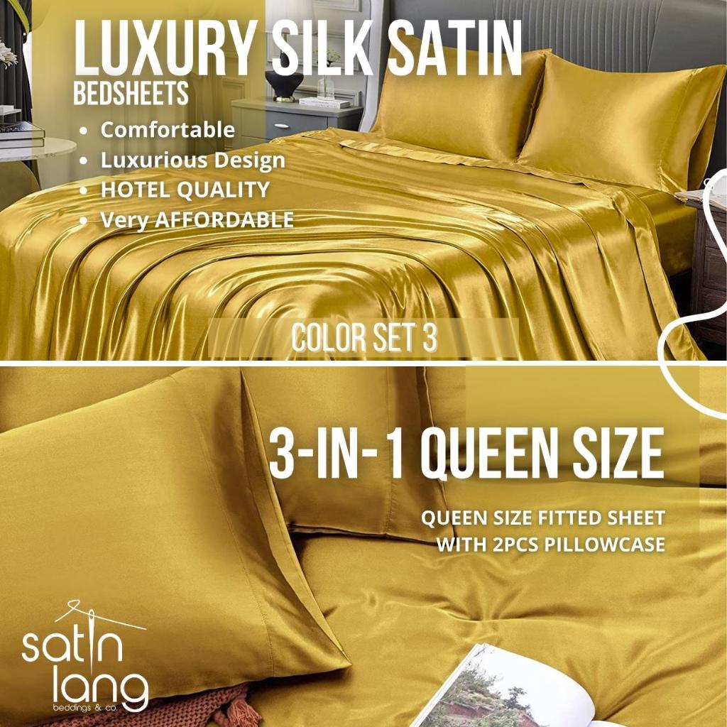 3-in-1 QUEEN Size SATIN SILK Bedsheet w/ 2pcs Pillowcase ( Fully ...