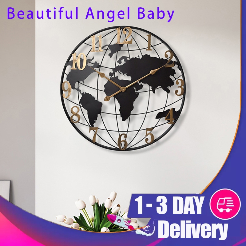 60cm Fashion Creative World Map Decorative Clock Iron 3D Map Clock ...