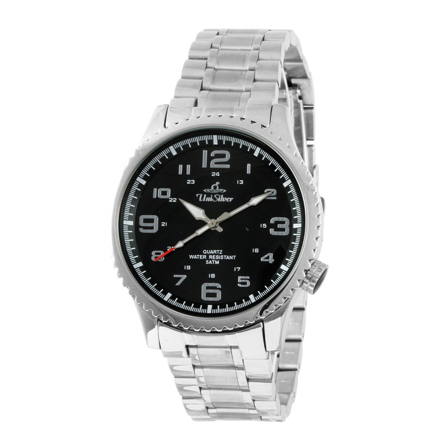 UniSilver TIME Men's Large Silver / Black Analog Stainless steel watch ...