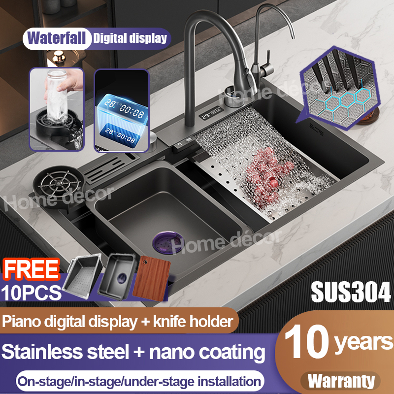 SUS304 Digital Display Waterfall kitchen Sink 5.0MM Lababo Stainless ...