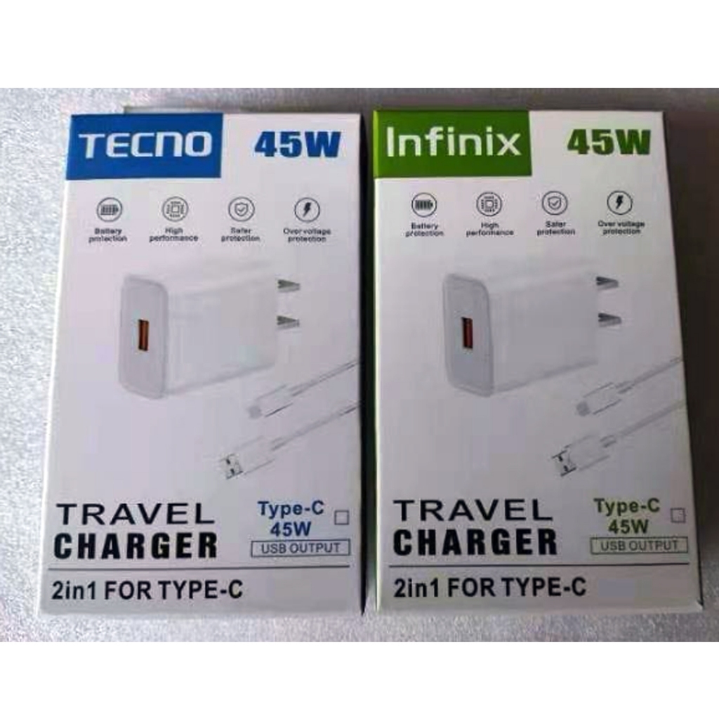 Original 100% Tecno Infinix 45W Travel Fast Charger 2in1 USB Type C ...