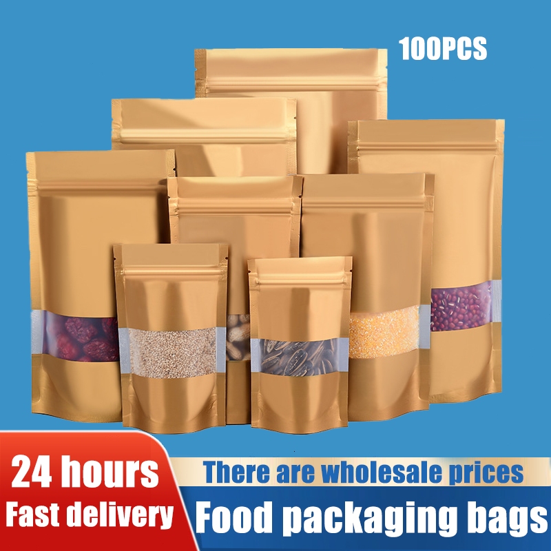 100PCS Golden matte Stand Up Pouch with Zip Lock Window Ziplock Cookies ...