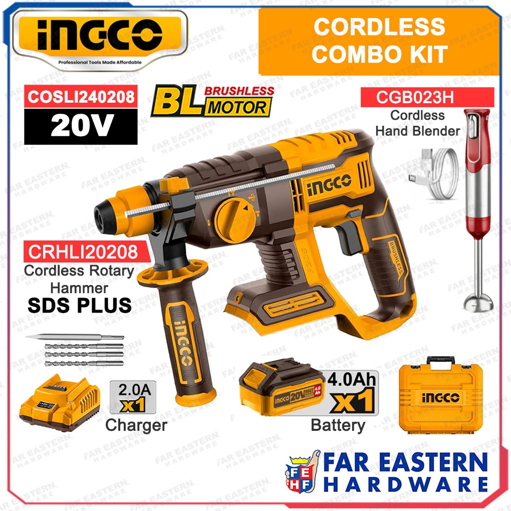 INGCO COMBO KIT Cordless Brushless Rotary Hammer Drill 20VSDS PLUS ...
