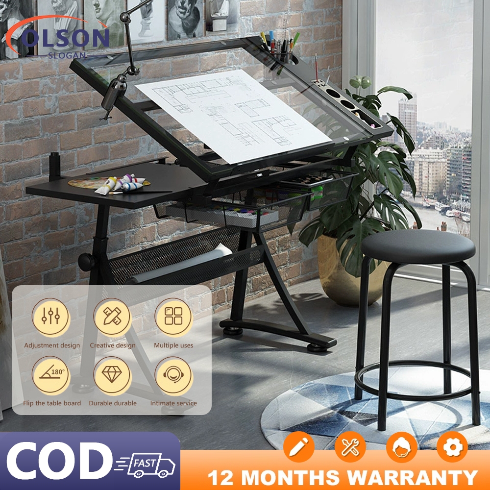 Drawing glass table lift Height Adjustable drawing table with Leather ...