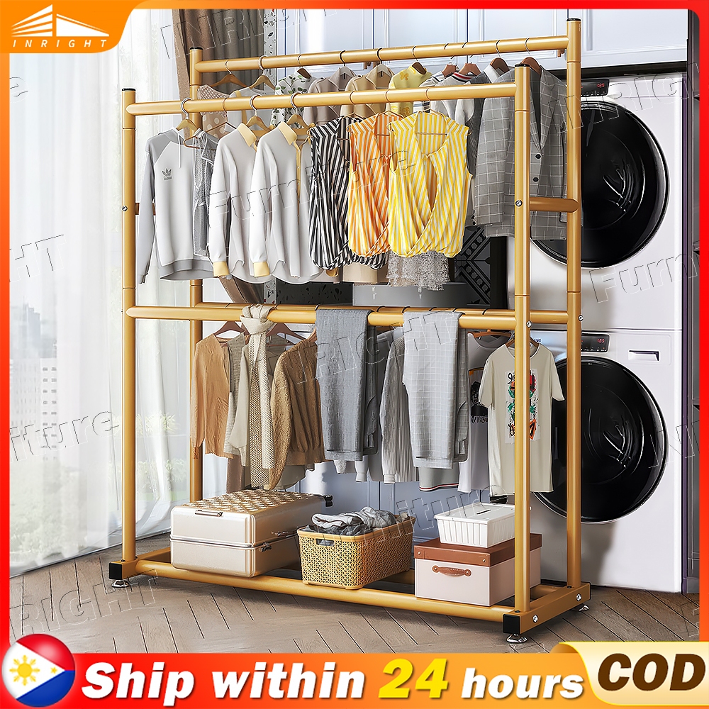 Floor-standing Double Row Double Layer Clothes Rack Bedroom Clothes ...