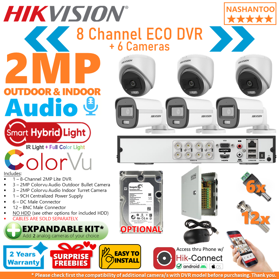 (2025 New)Hikvision 8CH 2MP ColorVu Audio 6Camera(3Out3In)DIY CCTV ...