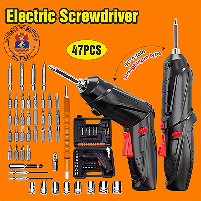 47pcs LED Electric Screw Driver Tool Kit portable handheld cordless ...