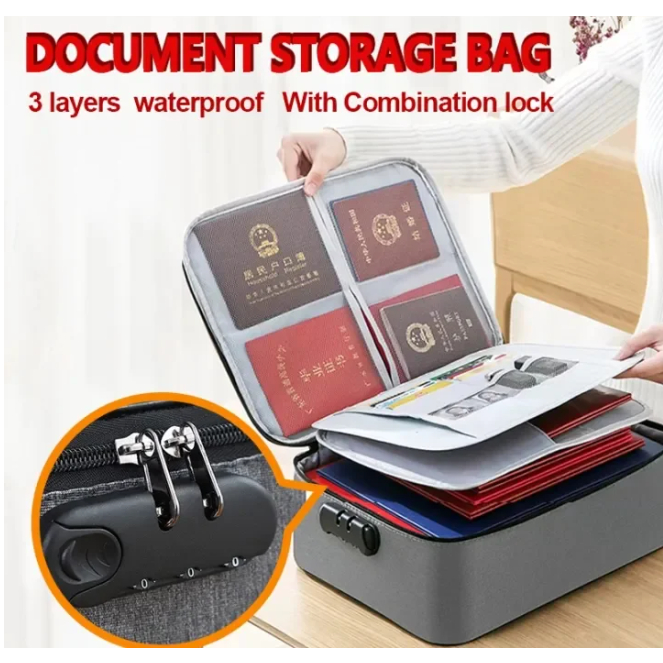 Portable Large Capacity File Storage Bag 3 layers with lock Waterproof ...