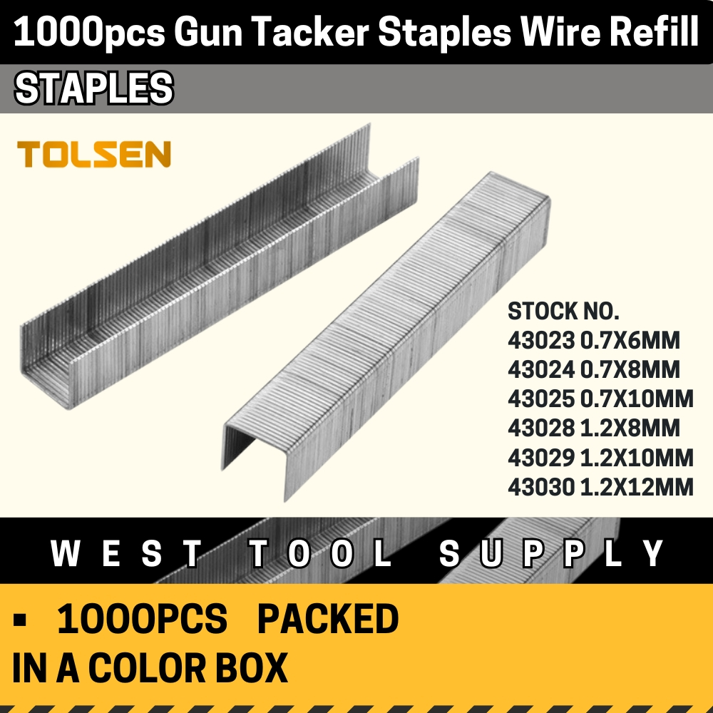 Tolsen 1000pcs Gun Tacker Staples Wire Refill (0.7 x 6 , 8 x 10mm | 1.2 ...