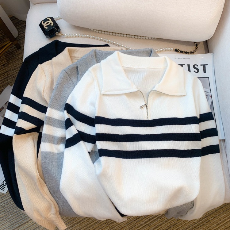 Jolly Chic Zipper Up Polo Neck Stripe Long Sleeve Knitted Top M1417 ...
