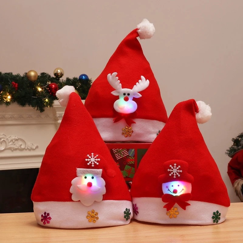 With LED Christmas Hat Flannel Xmas Santa Claus Snowmen Christmas Party ...