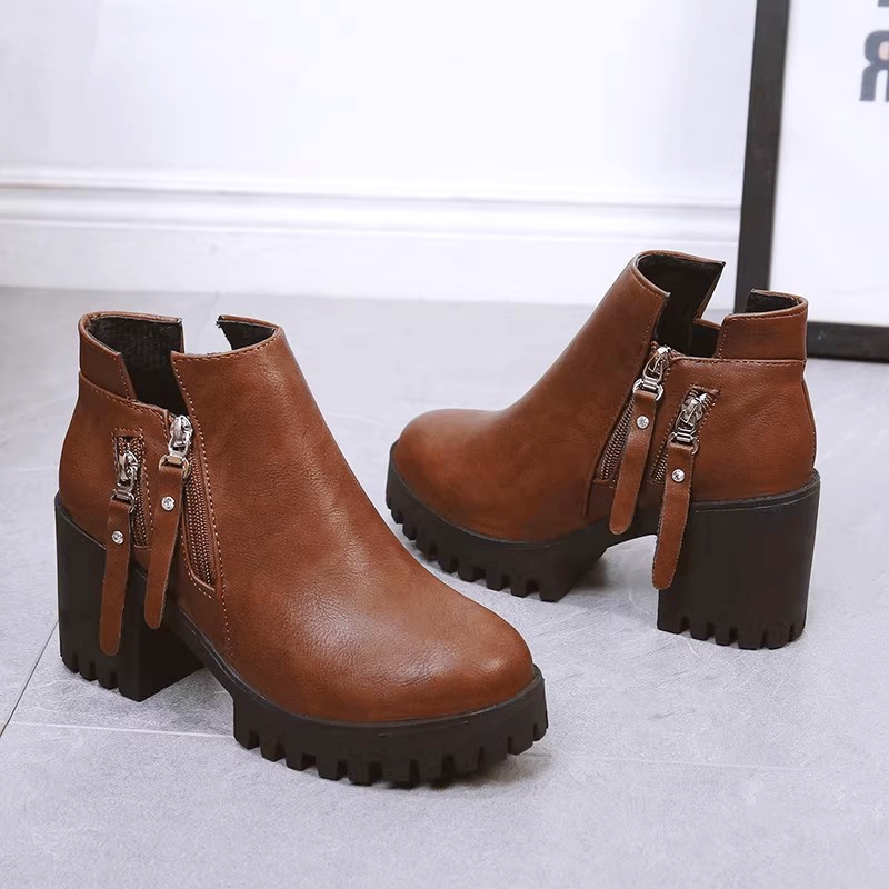 New Casual Women's High Heel Leather Shoes Korean Fashion Boots ...
