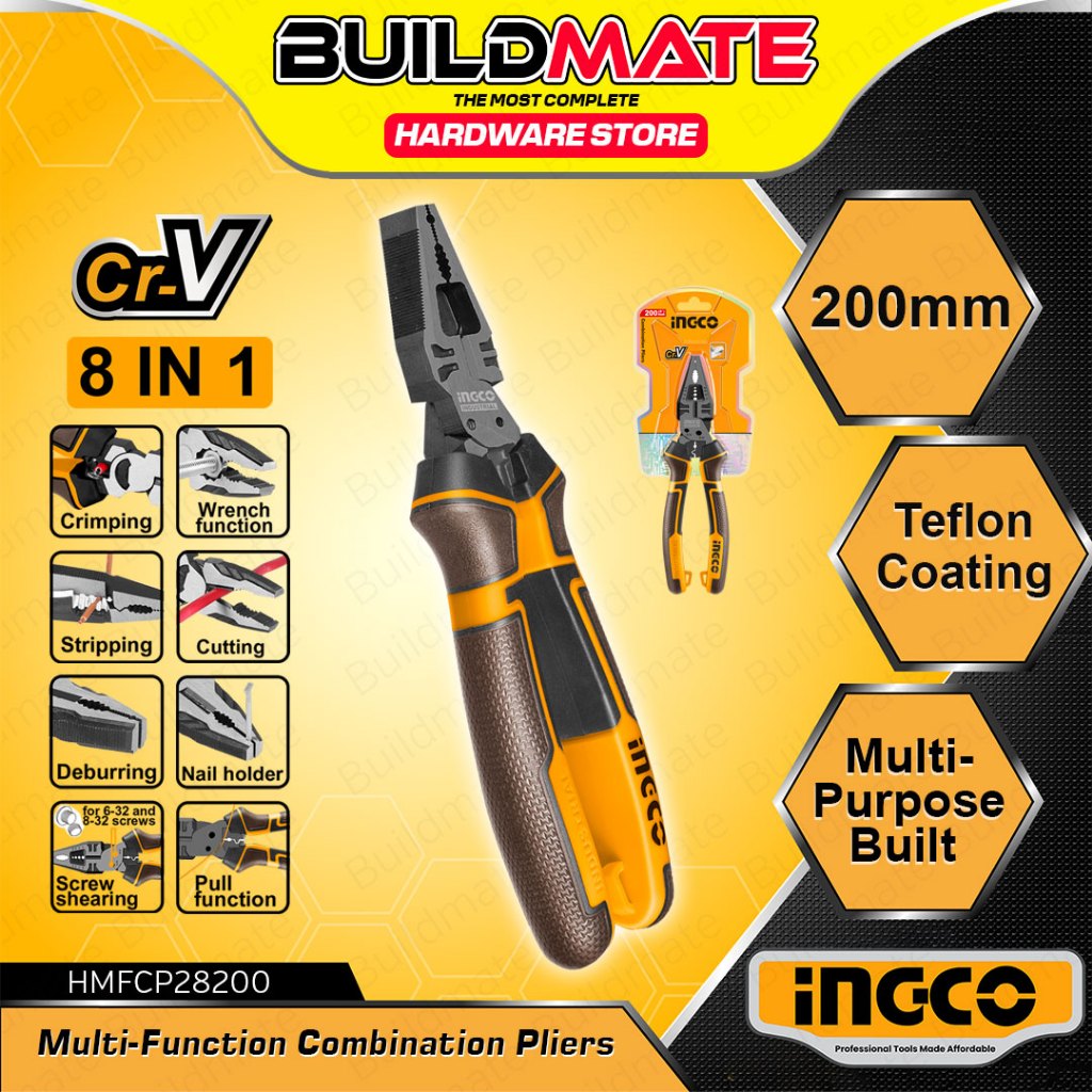 BUILDMATE Ingco 8in1 Multi-Function Combination Pliers 8" Inch Cr-V Electrical Pliers HMFCP28200 ...