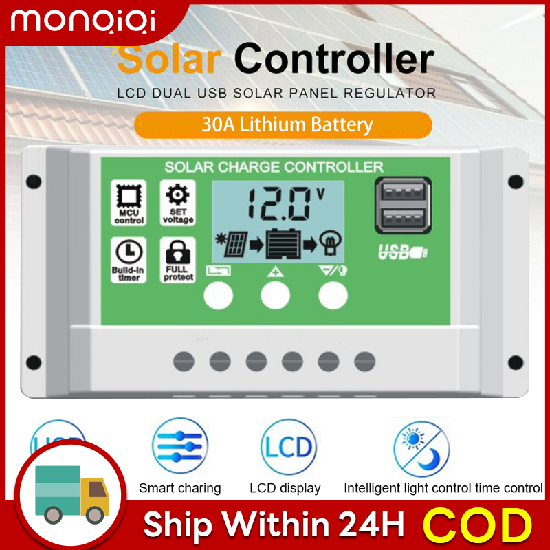 10A/20A/30A 12V 24V Solar Charge Controller Lithium Battery LCD Display PWM r Dual USB Solar ...