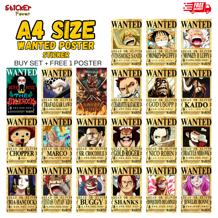Sticker Fever Anime One Piece Straw Hat Pirates Wanted Poster (A4 ...