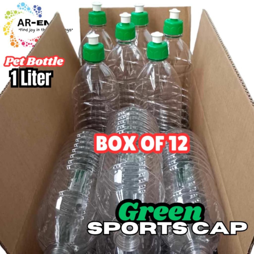 AR-Emz 12 PCS (1 Liter) Empty Clear Plastic Bottles W/ Green Sports Cap ...