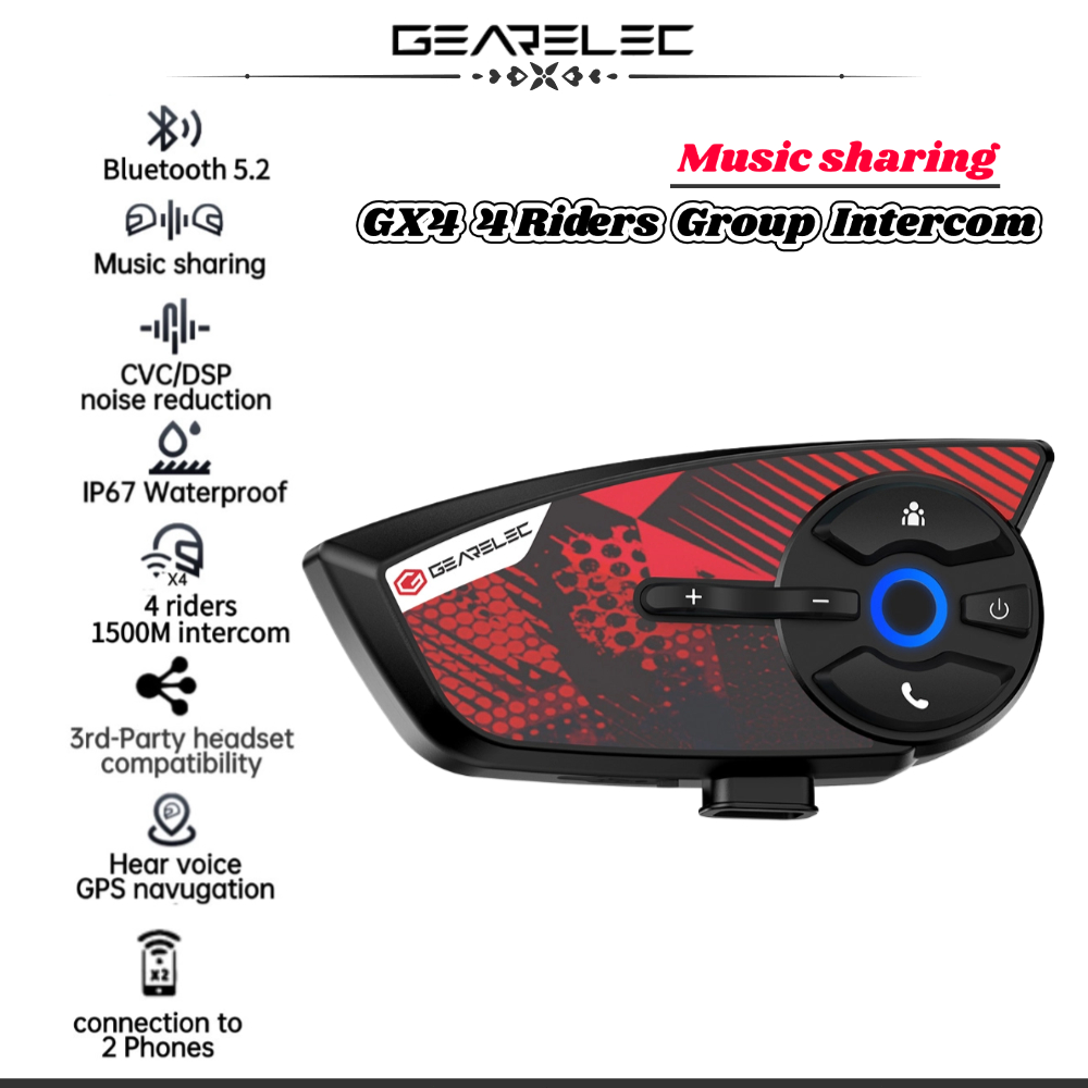 GEARELEC GX4 Motorcycle Helmet Intercom Headset 4 Rider 1500m Wireless ...