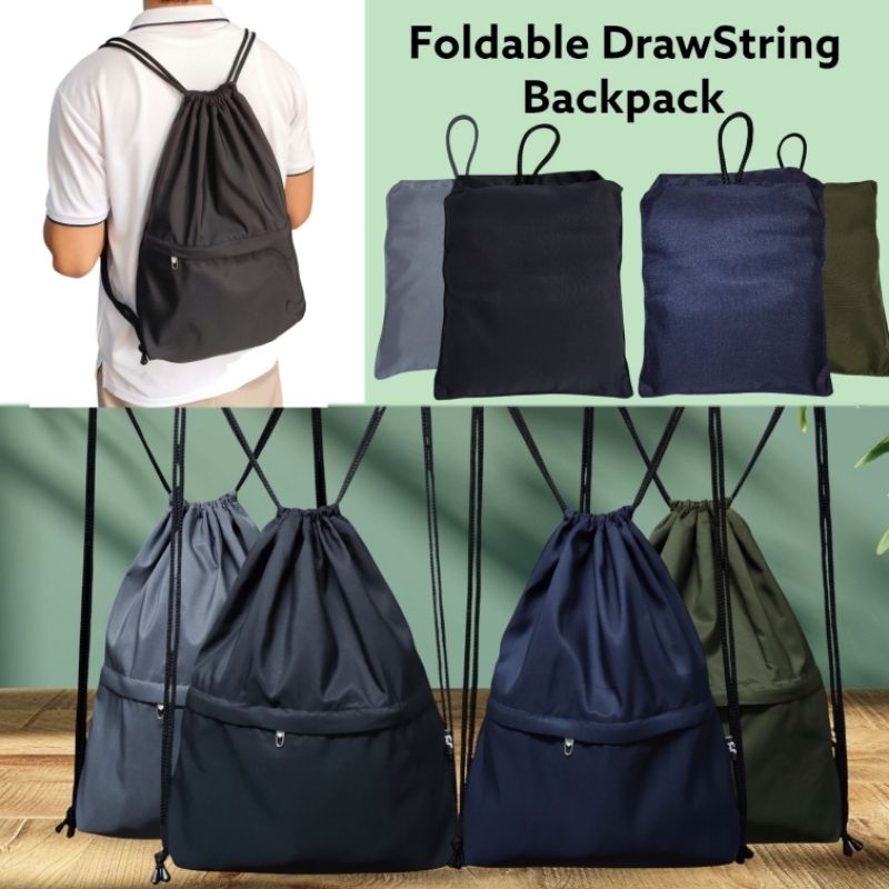Foldable DrawString Backpack, w/ lining, water repellent, inside pocket ...