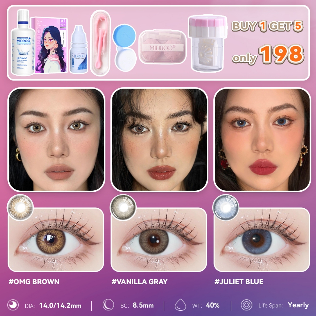 Midroo 【Buy 1 Get 5 GIFT】 Brown Contact Lens Yearly Use 14.2mm OMG Gray ...