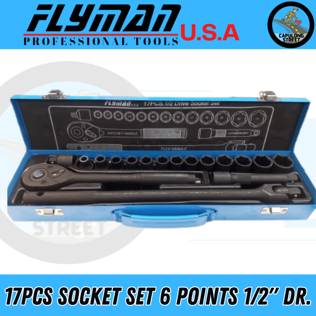 Capulong Flyman Socket Wrench Set Flyman 17pcs Socket Set 8-24mm 1/2 Drive 6 Points Carbon Black ...