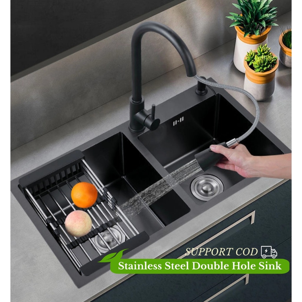 Black Kitchen Sink Complete Set Stainless Steel Double Sink Heavy Duty ...