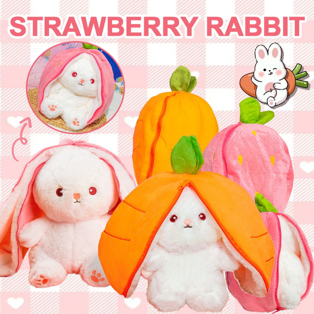 Strawberry Rabbit Plush Cute Bunny Plushie Stuffed Doll 2in1 Birthday ...
