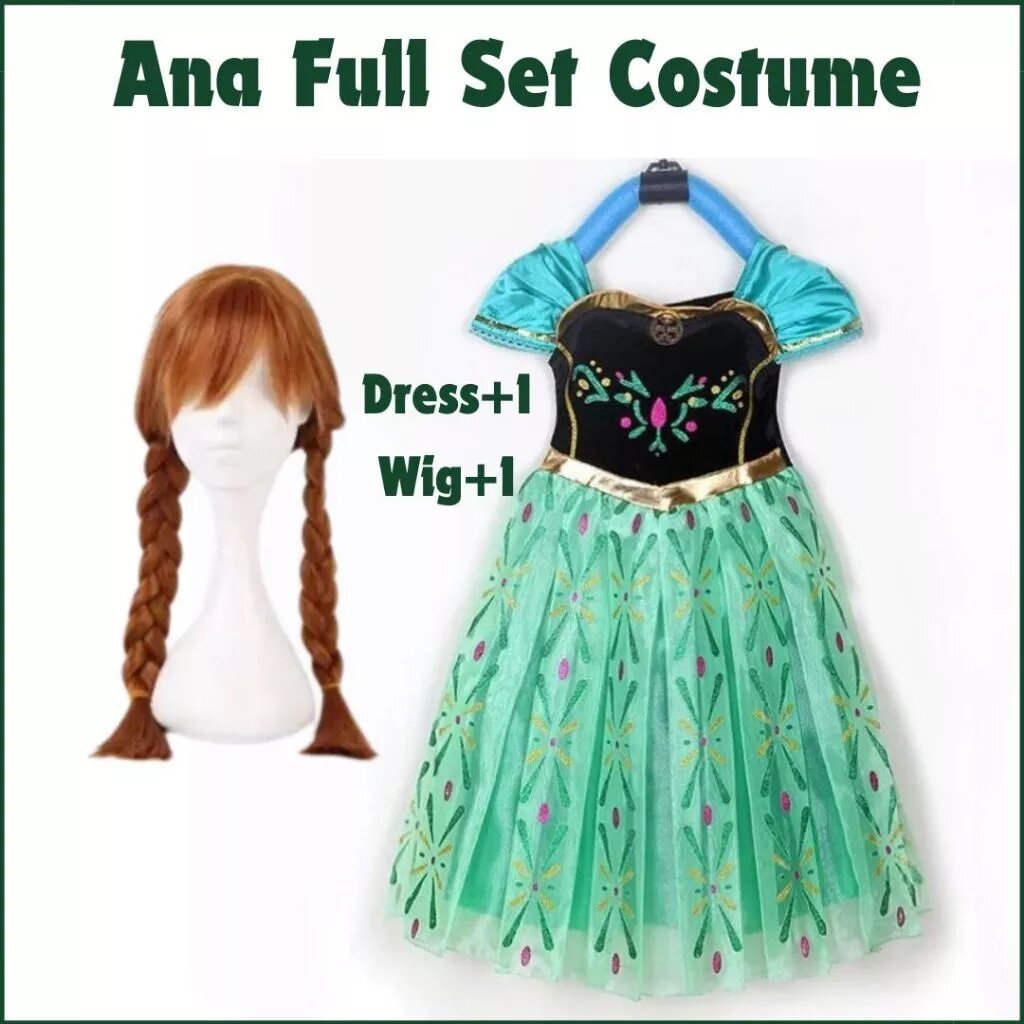 Ana Dress Full Set Costume for Girls (1-8 yrs Old) Includes Dress & Wig ...